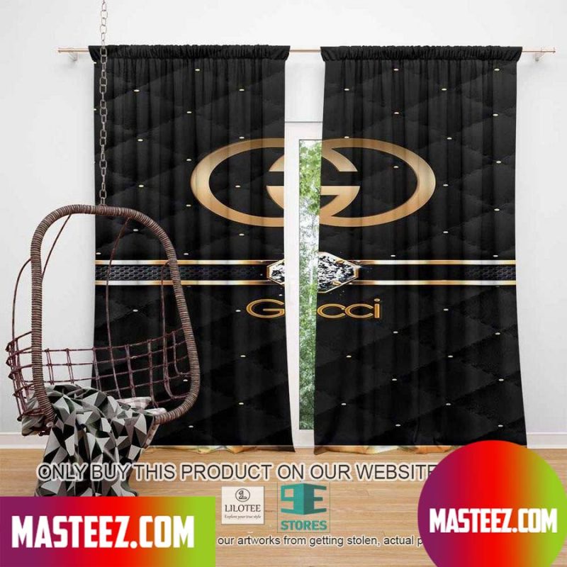 Gucci Diamond Gold Big Logo In Black Background Windown Curtain - Masteez