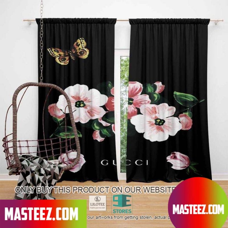 Gucci Flower Butterfly In Black Background Windown Curtain - Masteez