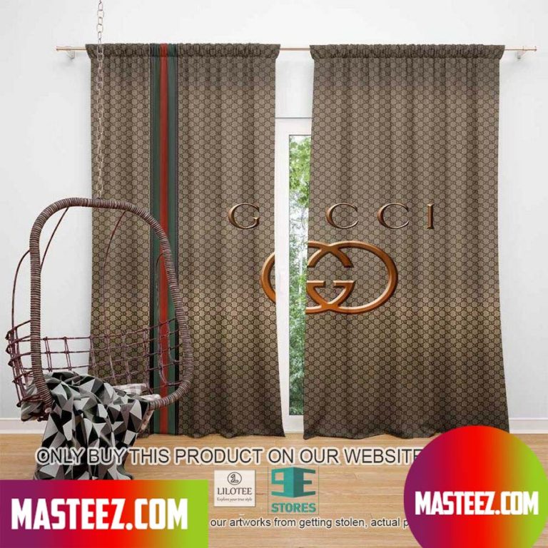 Gucci Gold Logo Red Green Line Pattern Black Windown Curtain - Masteez