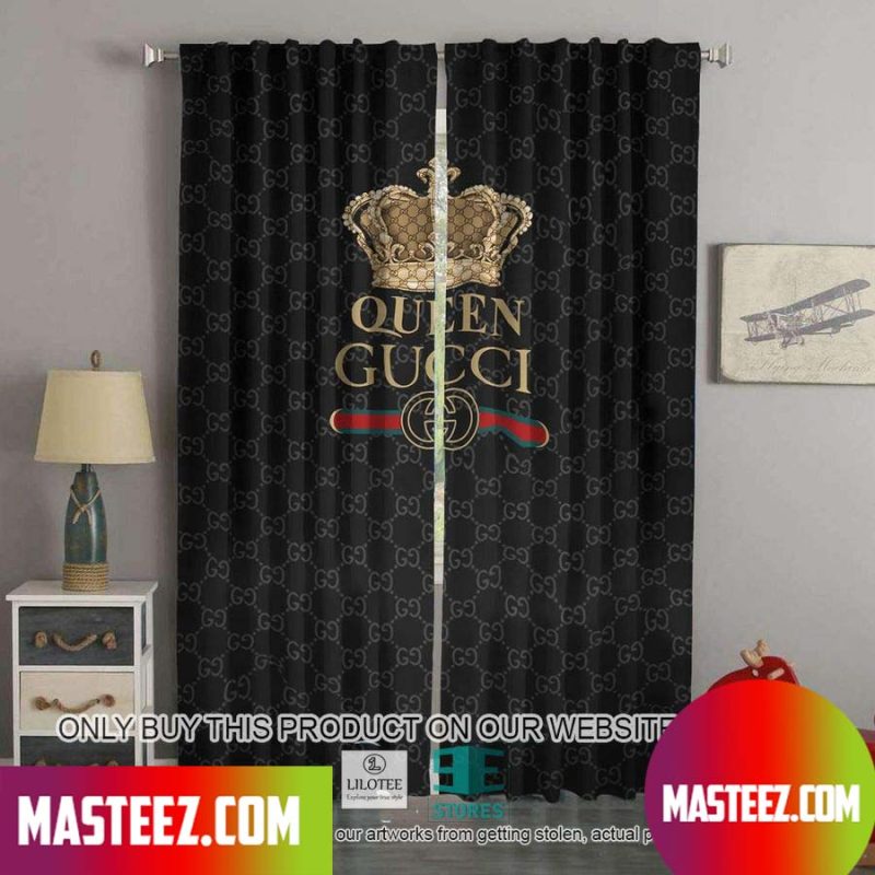 Gucci Gold Logo Red Green Line Pattern Black Windown Curtain - Masteez