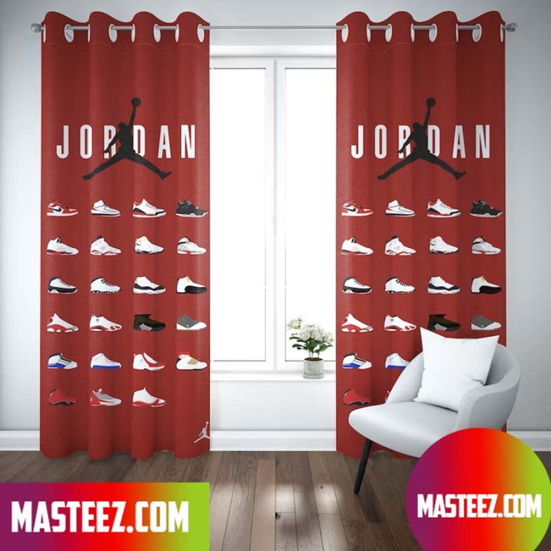 Jordan Sneakers Sport In Red Background Window Curtain - Masteez