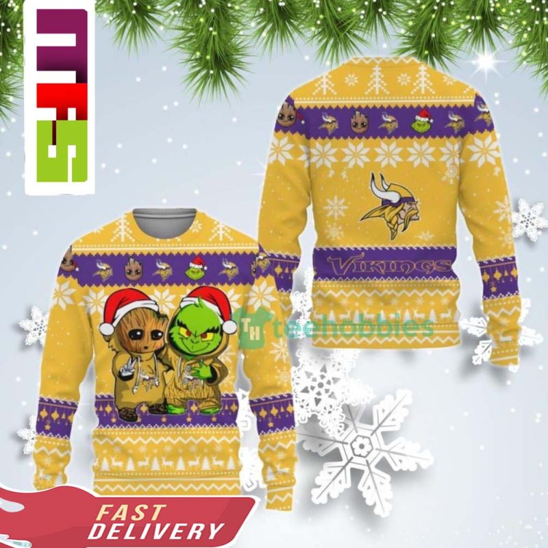 NFL Minnesota Vikings Baby Groot And Grinch Best Friends Christmas Ugly ...